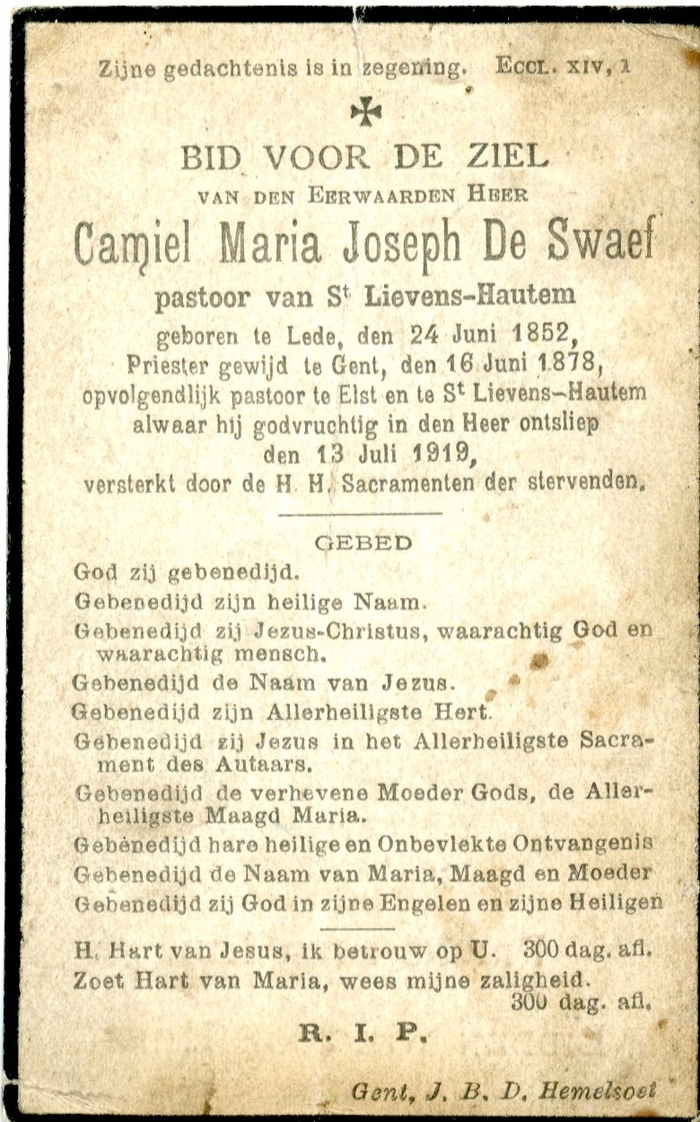 Bidprentje pastoor Camiel Maria Joseph De Swaef, Sint-Lievens- Houtem ...