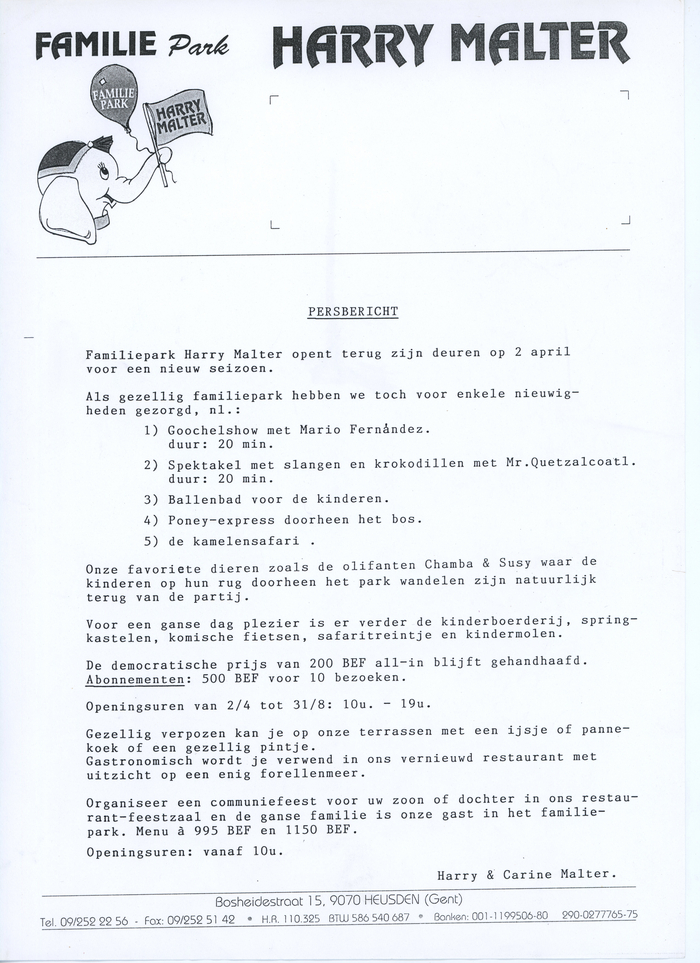 Persbericht over de seizoensopening van Familiepark Harry Malter ...